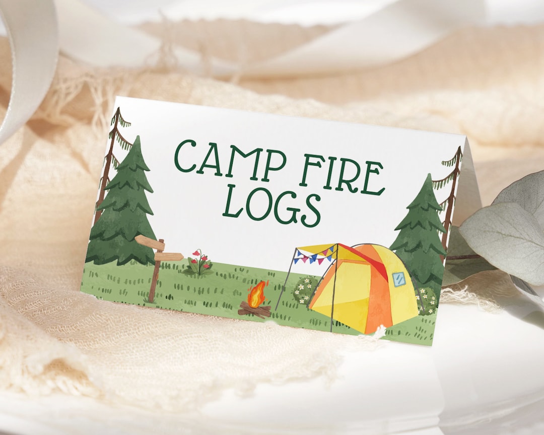 Camping Food Labels EDITABLE, Happy Camper Birthday Place Card Tent ...