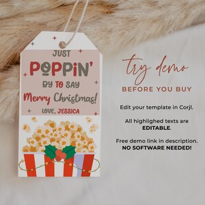 Popcorn Christmas Gift Tag EDITABLE, Poppin by Merry Christmas Tag ...