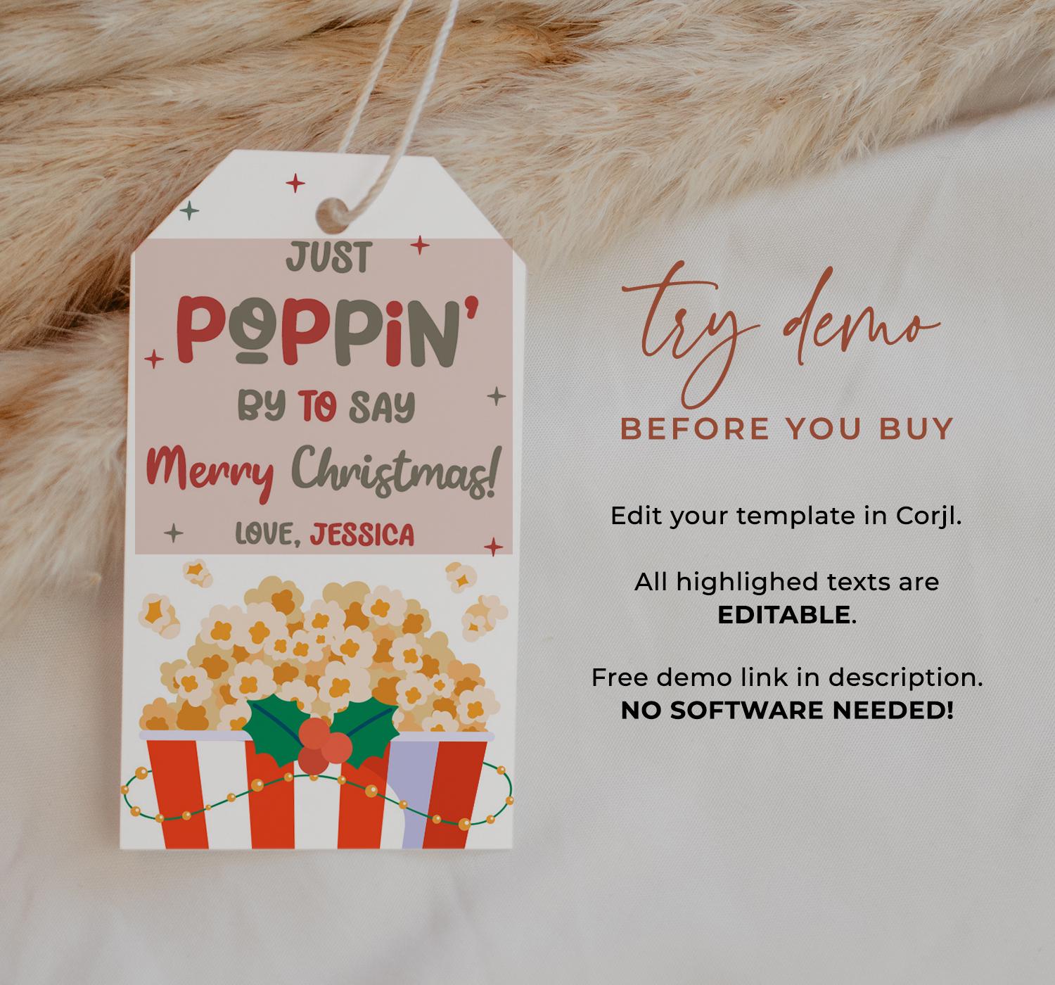 Popcorn Christmas Gift Tag EDITABLE, Poppin by Merry Christmas Tag ...