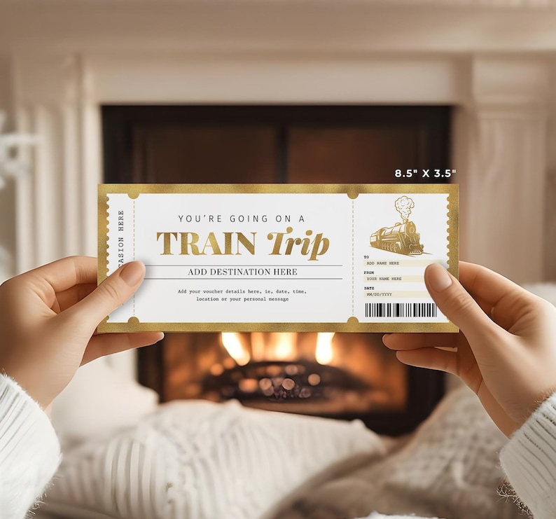 Train Ticket Gold Voucher EDITABLE, Surprise Train Ticket Invitation ...