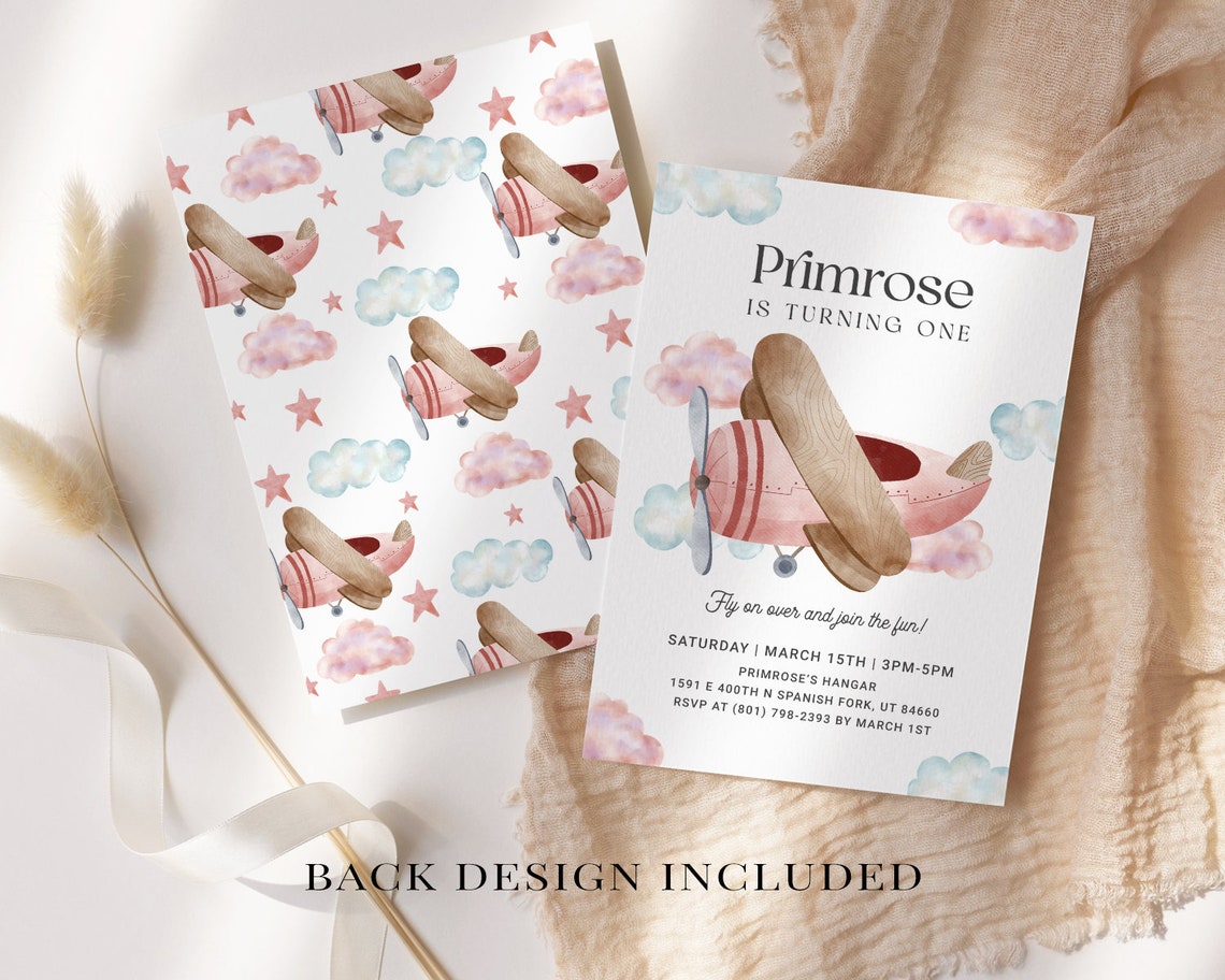 Pink Airplane Birthday Invitation EDITABLE Vintage Airplane - Etsy