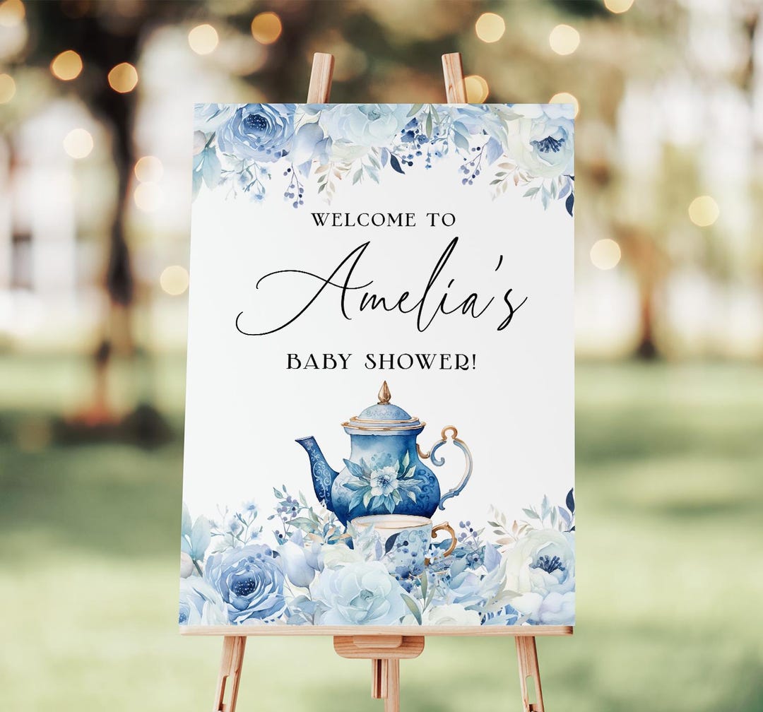 Blue Floral Tea Party Welcome Sign EDITABLE, High Tea Welcome Poster ...