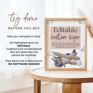Custom Airplane Party Sign, EDITABLE Sign Template, Vintage Airplane ...