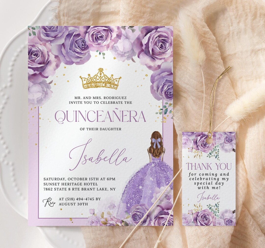 Lilac Floral Quinceañera Invitation EDITABLE, Lavender Princess Quince ...