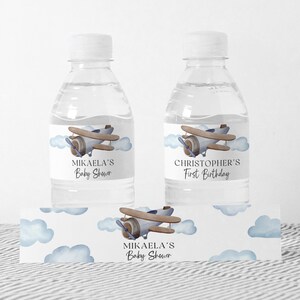 Blue Airplane Party Water Bottle Labels EDITABLE, Vintage Airplane ...