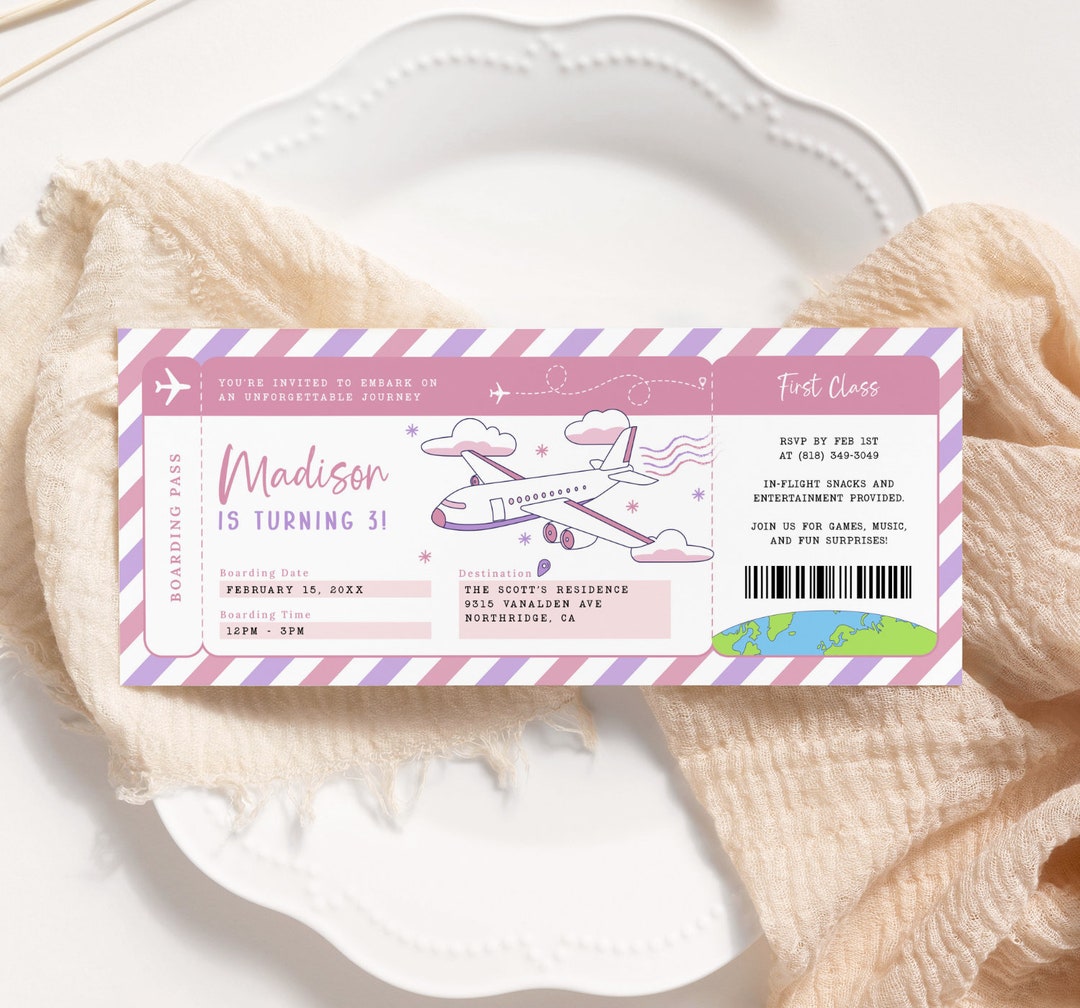 Boarding Pass Birthday Ticket Invitation EDITABLE, Pink Plane Party ...