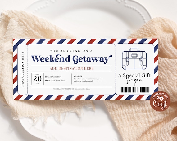 Weekend Getaway Voucher EDITABLE, Surprise Weekend Away Ticket ...