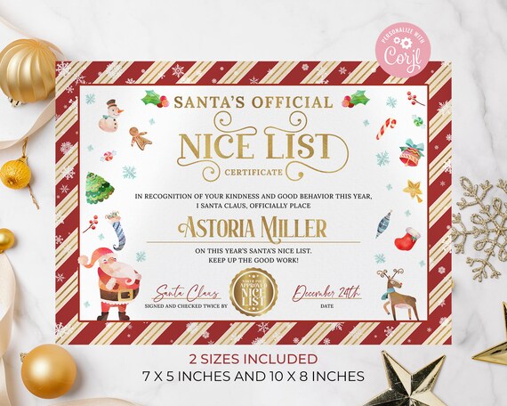 Santa Claus Official Nice List Certificate EDITABLE, Elf Nice List ...