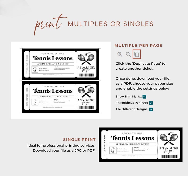 Tennis Lesson Gift Certificate EDITABLE, Tennis Lesson Voucher ...