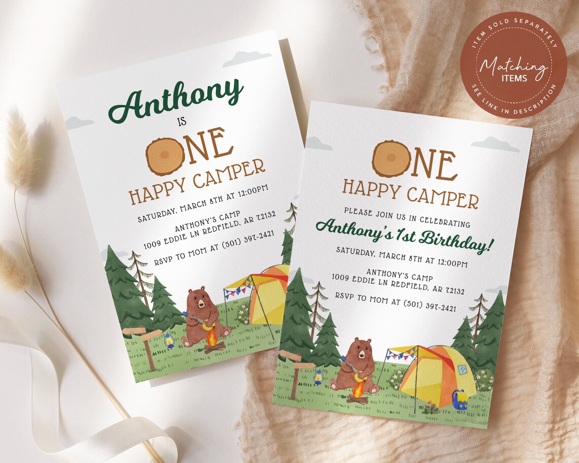 One Happy Camper Water Bottle Labels EDITABLE, First Birthday Party ...