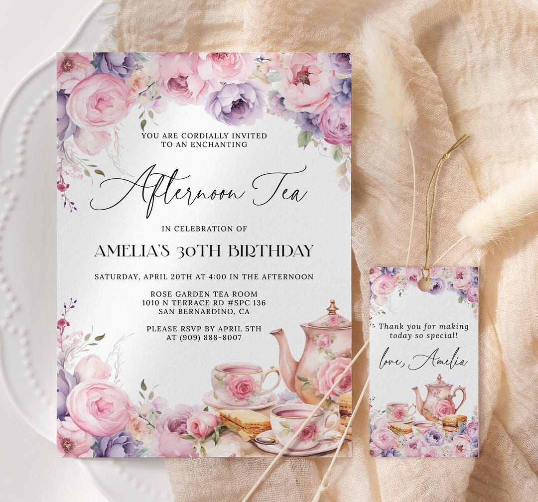 Floral Afternoon Tea Birthday Invitation EDITABLE, Pink and Purple High ...