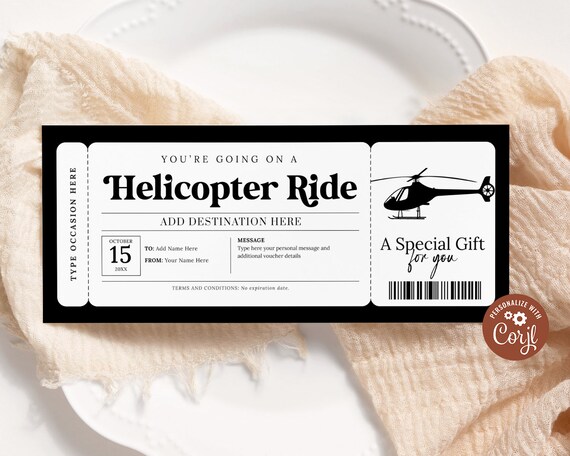 Helicopter Ride Ticket EDITABLE, Surprise Travel Trip Voucher ...