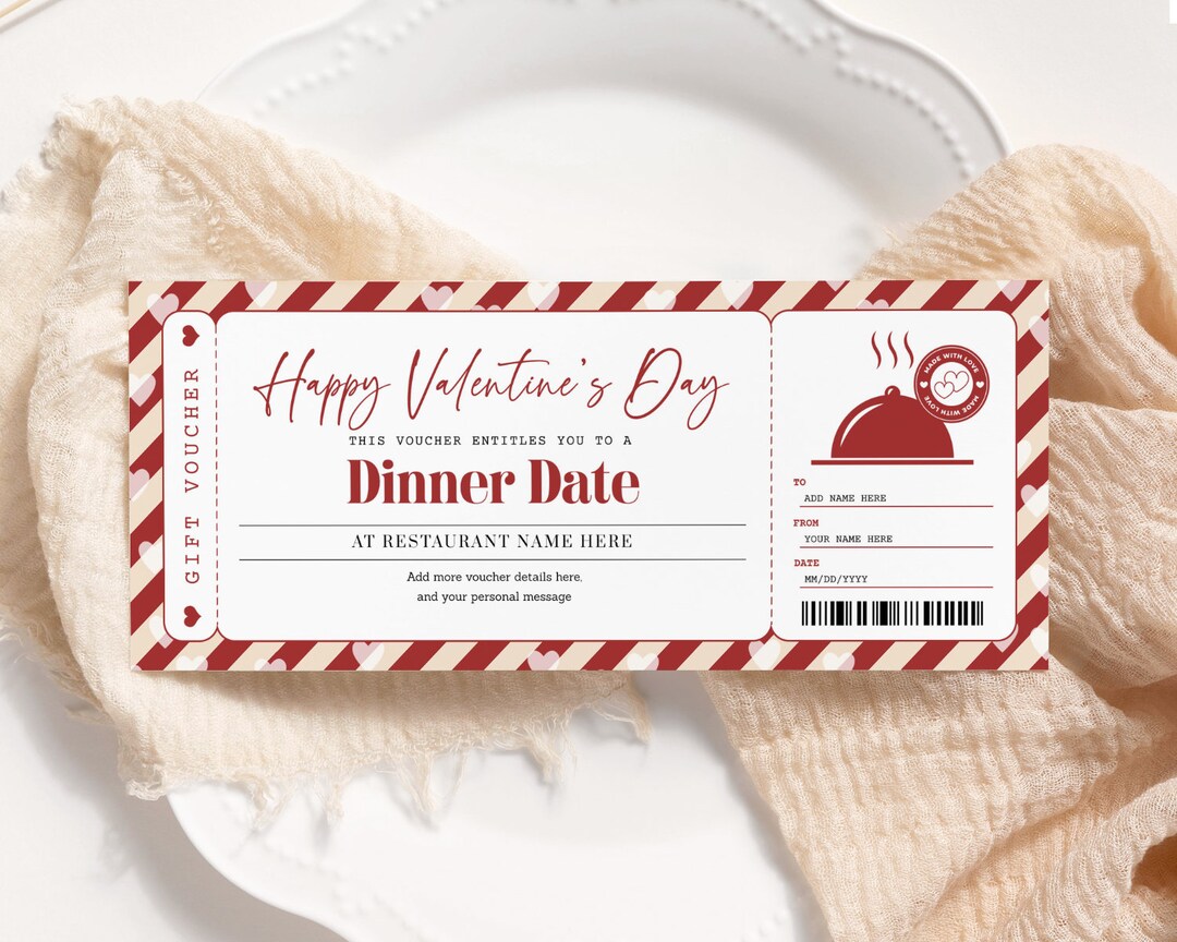 Dinner Date Valentines Voucher EDITABLE, Restaurant Gift Certificate ...