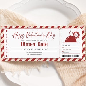 Dinner Date Valentines Voucher EDITABLE, Restaurant Gift Certificate ...
