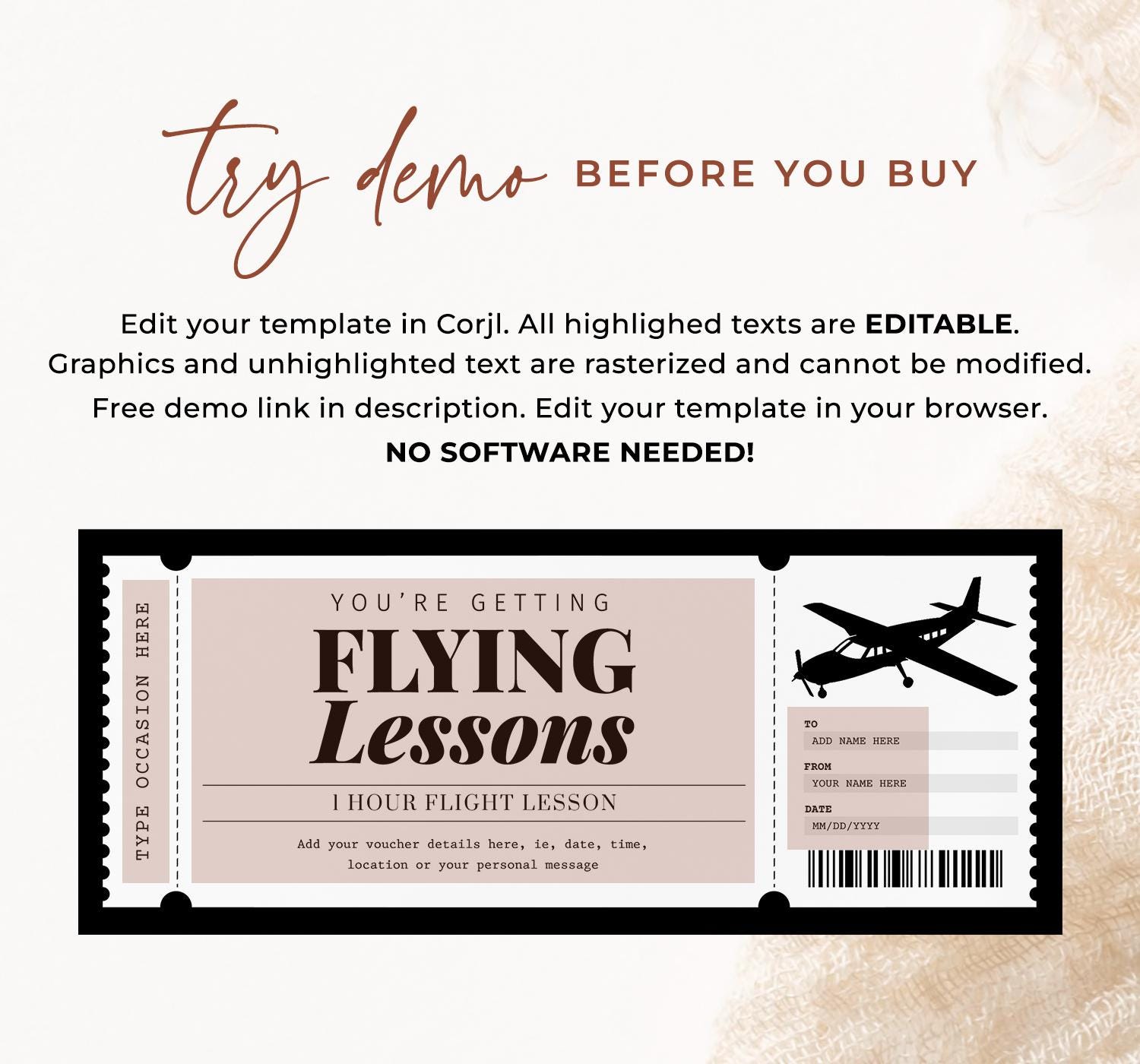 Flying Lessons Gift Voucher EDITABLE, Flight Lesson Certificate ...