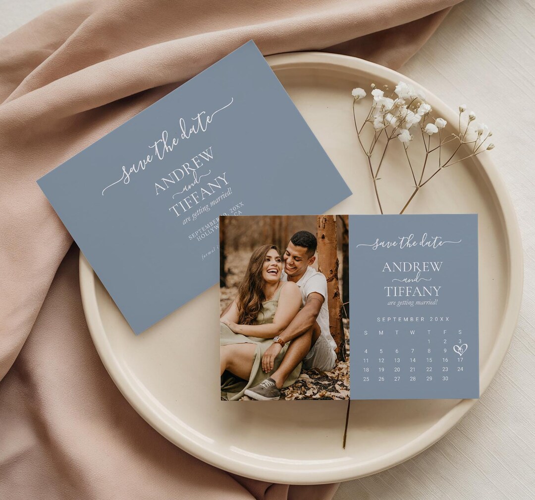 Dusty Blue Photo Calendar Save the Date EDITABLE, Powder Blue Wedding ...