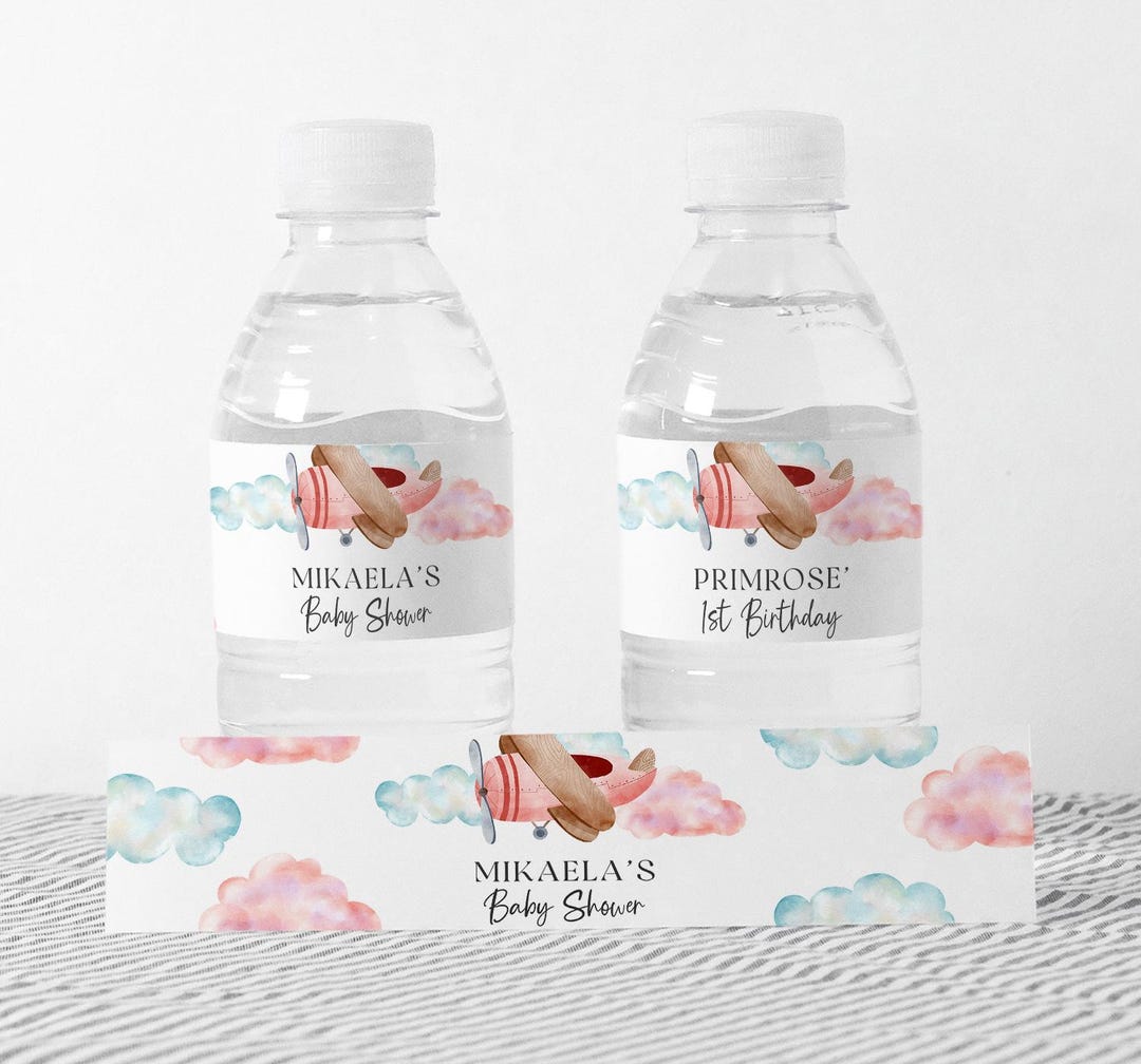 Pink Airplane Party Water Bottle Labels EDITABLE, Vintage Airplane ...