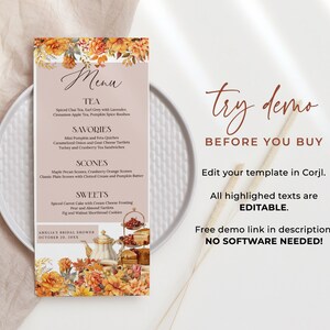 Autumn Floral Tea Party Menu Template EDITABLE, Fall High Tea Menu Card ...