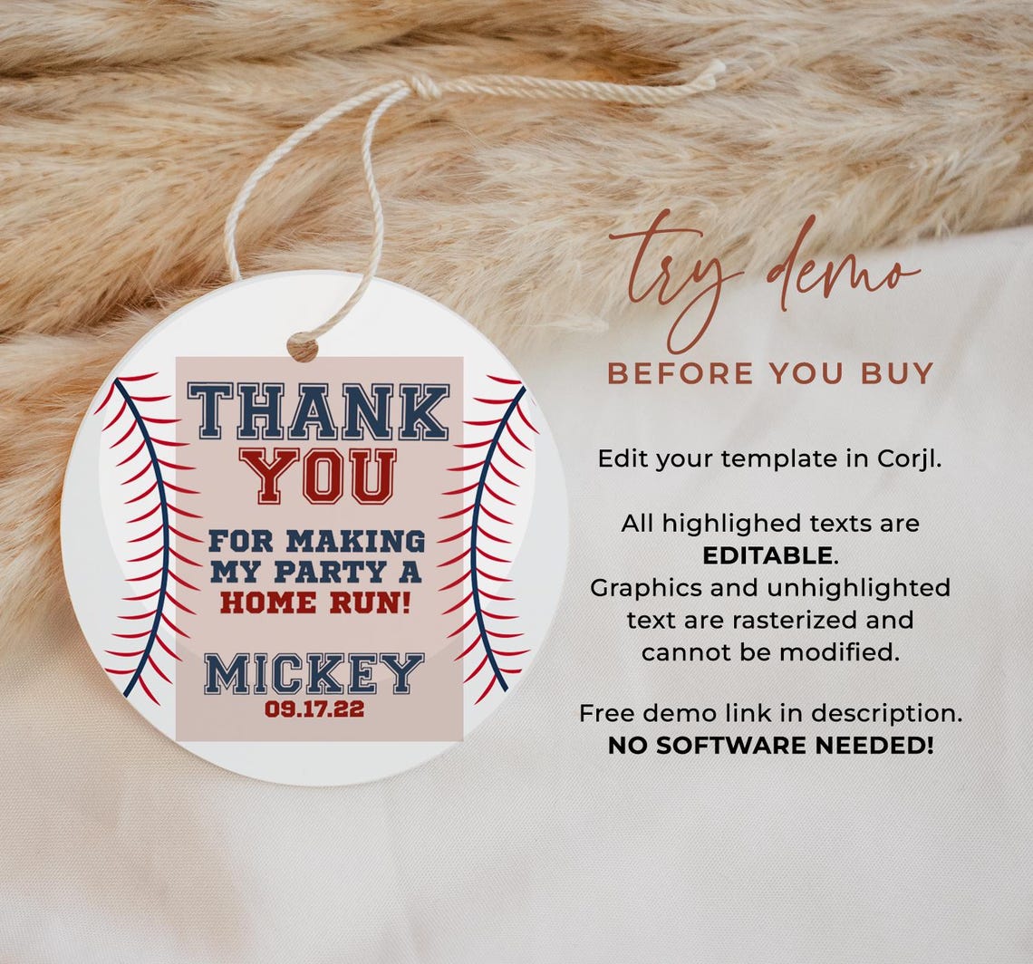 Baseball Birthday Favor Tag EDITABLE , Printable Baseball Party Thank ...