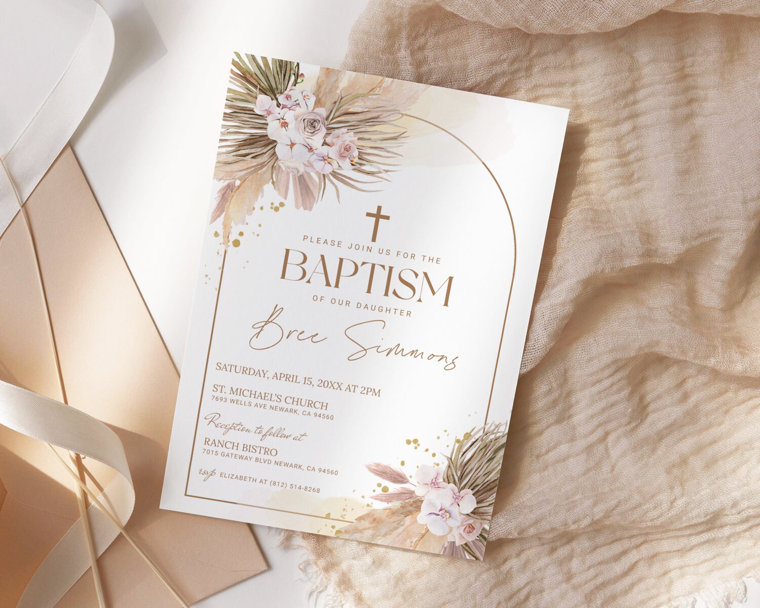 Boho Pampas Baptism Invitation Editable Bohemian Christening - Etsy