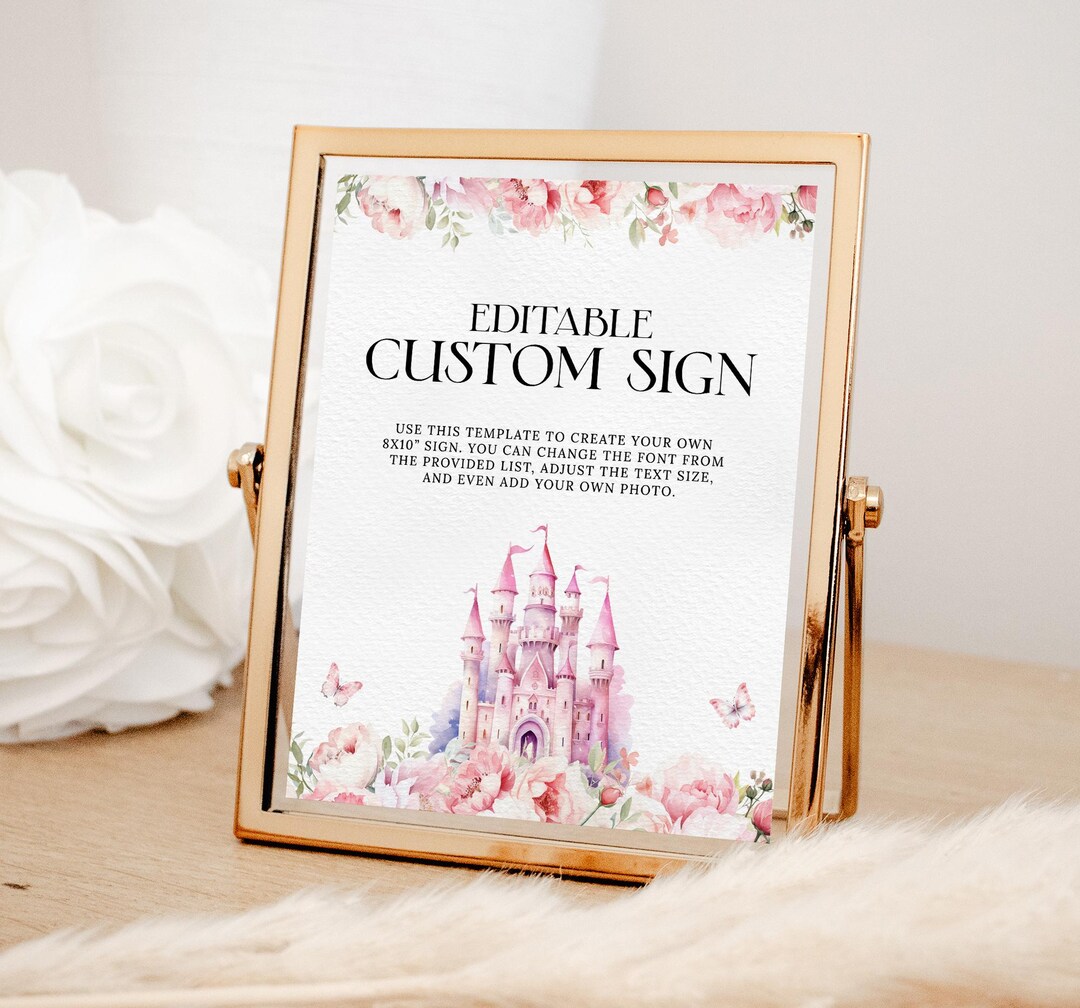 Custom Pink Fairytale Castle Party Sign EDITABLE, Princess Castle ...