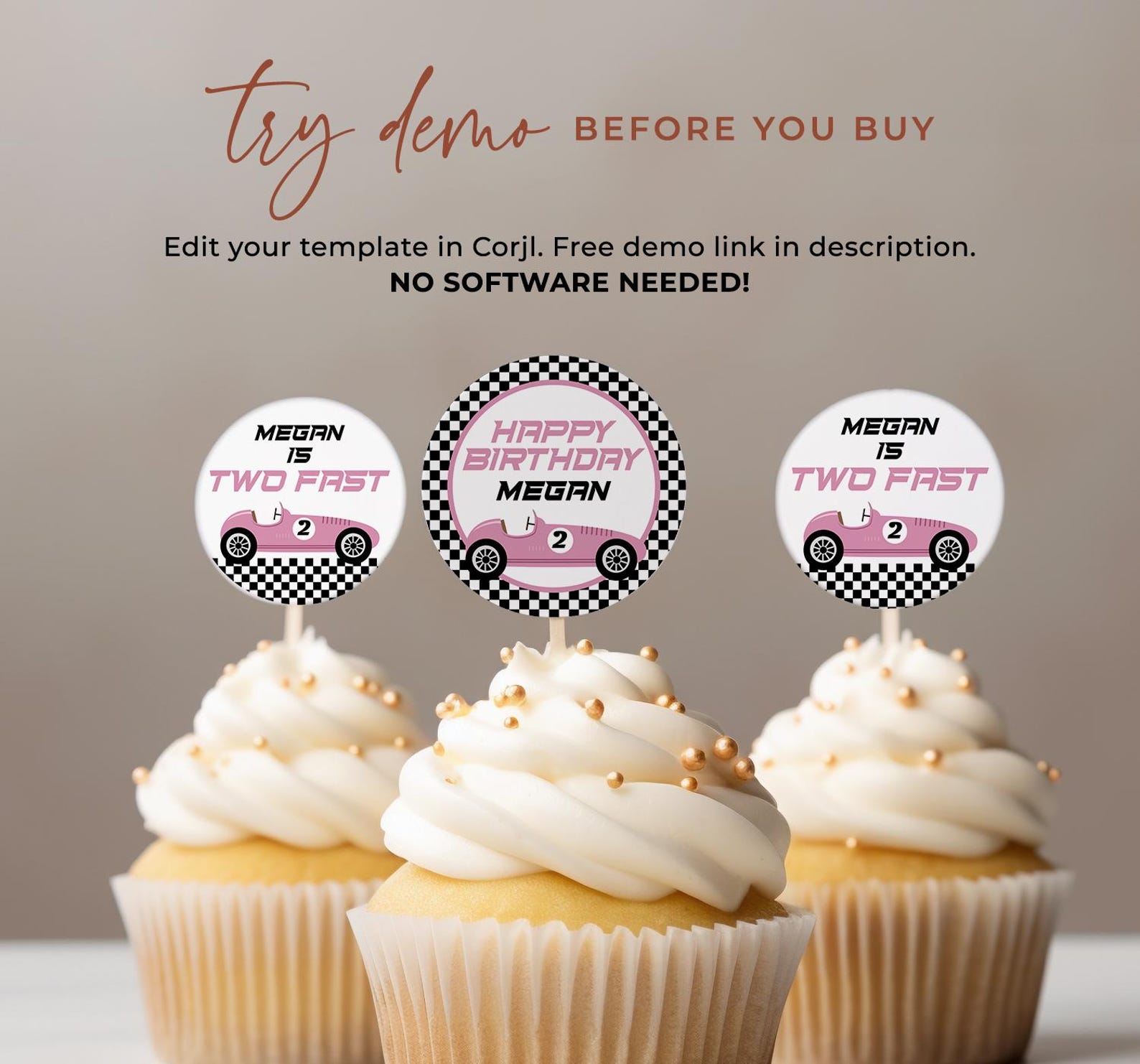 Pink Race Car Cupcake Toppers EDITABLE, Printable Two Fast Cupcake ...