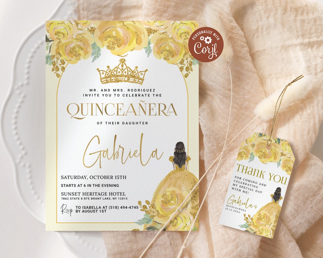 Yellow Gold Quinceañera Invitation EDITABLE, Floral Mis Quince Anos ...