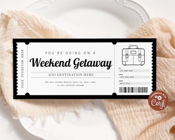Weekend Getaway Gift Voucher EDITABLE, Weekend Away Trip Ticket ...