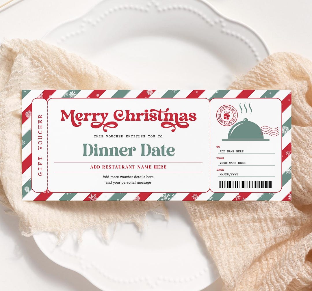 Dinner Date Christmas Voucher EDITABLE, Restaurant Gift Certificate ...