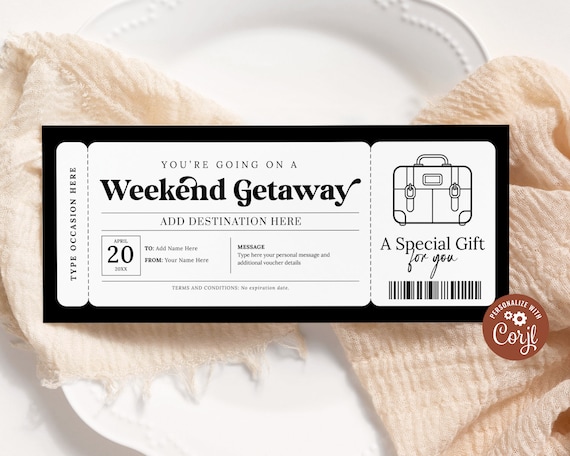 Weekend Getaway Voucher EDITABLE, Surprise Weekend Away Ticket ...