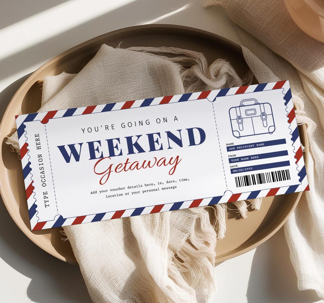 Weekend Getaway Gift Voucher EDITABLE, Surprise Weekend Away Ticket ...