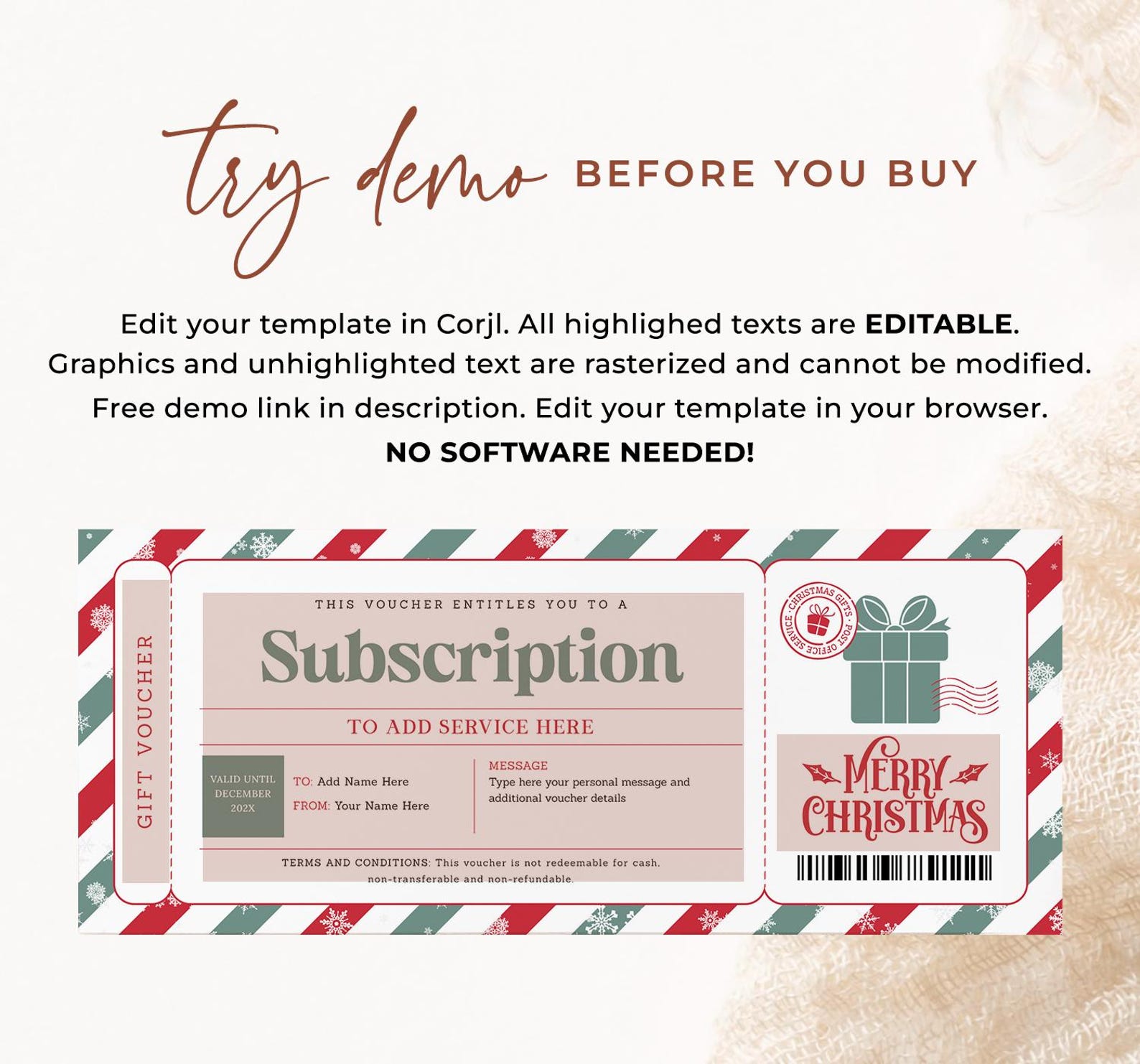 Subscription Christmas Gift Certificate EDITABLE, Subscription Service ...