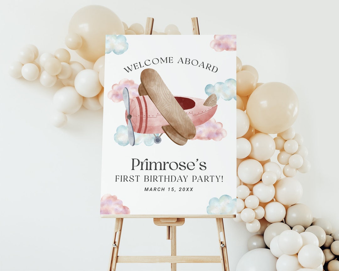 Pink Airplane Party Welcome Sign EDITABLE, Vintage Airplane First ...