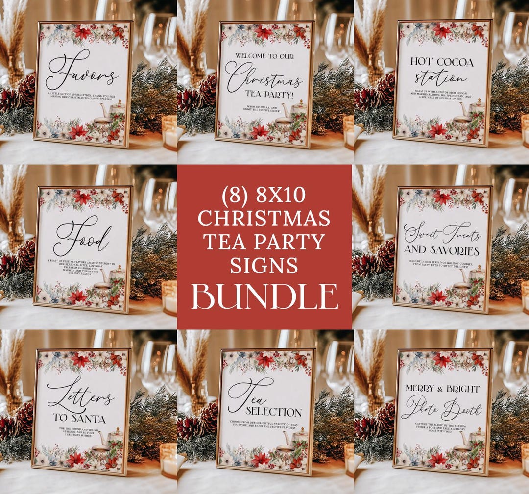 Christmas Tea Party Signs Bundle, 8 Holiday High Tea Party Table Signs ...