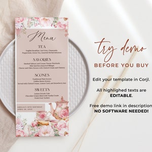 Floral Tea Party Menu Template EDITABLE, Blush Pink High Tea Menu Cards ...