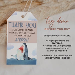 Shark Birthday Favor Tags EDITABLE, Printable Shark Birthday Thank You ...