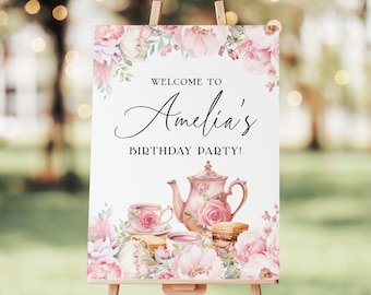 Blue Floral Tea Party Welcome Sign EDITABLE, High Tea Welcome Poster ...