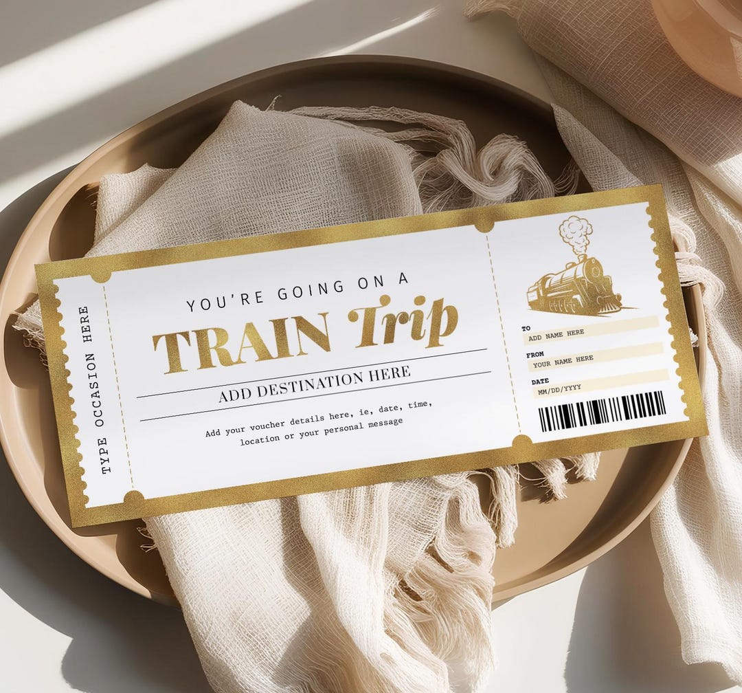Train Ticket Gold Voucher EDITABLE, Surprise Train Ticket Invitation ...