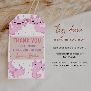 Axolotl Birthday Favor Tag EDITABLE, Pink Cute Axolotl Birthday Party ...