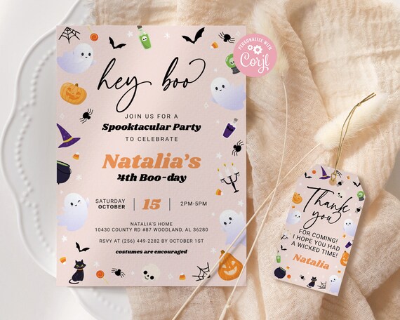 Hey Boo Birthday Invitation Editable, Cute Pink Halloween Ghost Invite ...