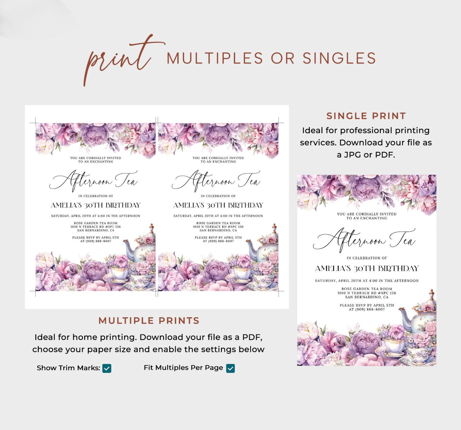 Purple Afternoon Tea Birthday Invitation EDITABLE, Lavender Floral High ...