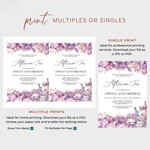 Purple Afternoon Tea Birthday Invitation EDITABLE, Lavender Floral High ...