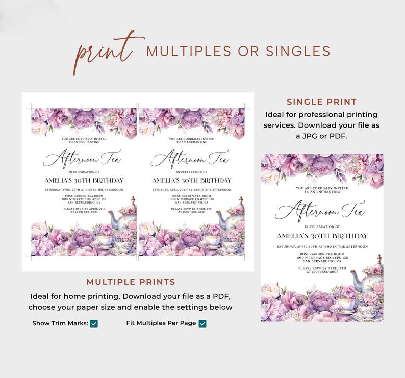 Purple Afternoon Tea Birthday Invitation EDITABLE, Lavender Floral High ...
