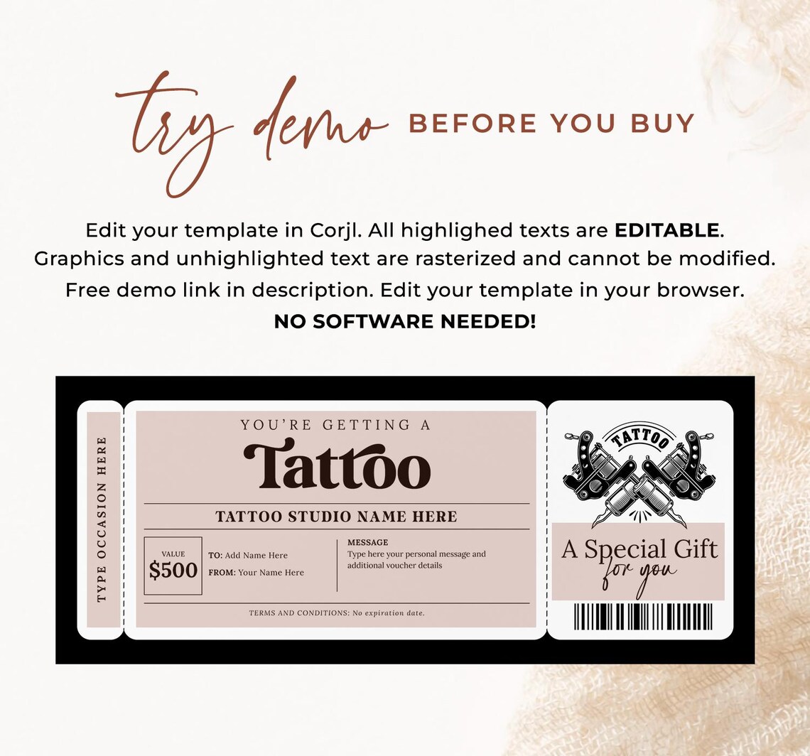 Tattoo Gift Voucher EDITABLE, Tattoo Gift Certificate Printable, Get ...