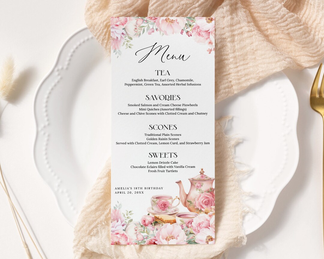 Floral Tea Party Menu Template EDITABLE, Blush Pink High Tea Menu Cards ...