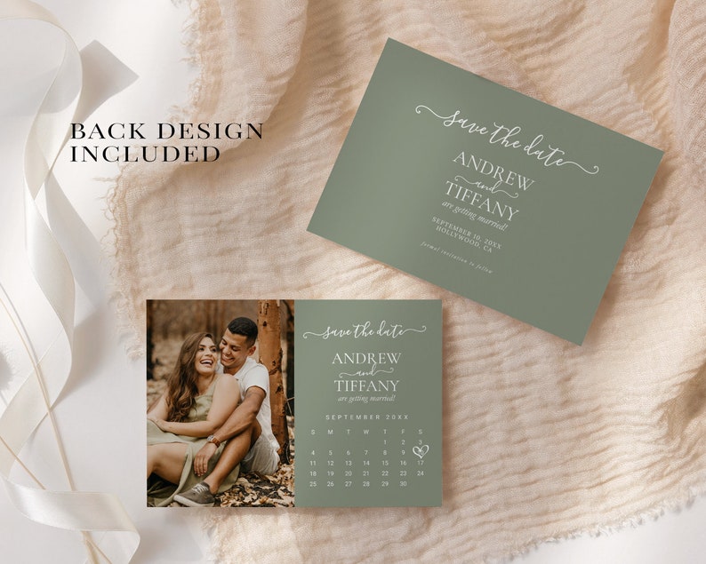 Sage Green Photo Calendar Save the Date Editable Botanical - Etsy