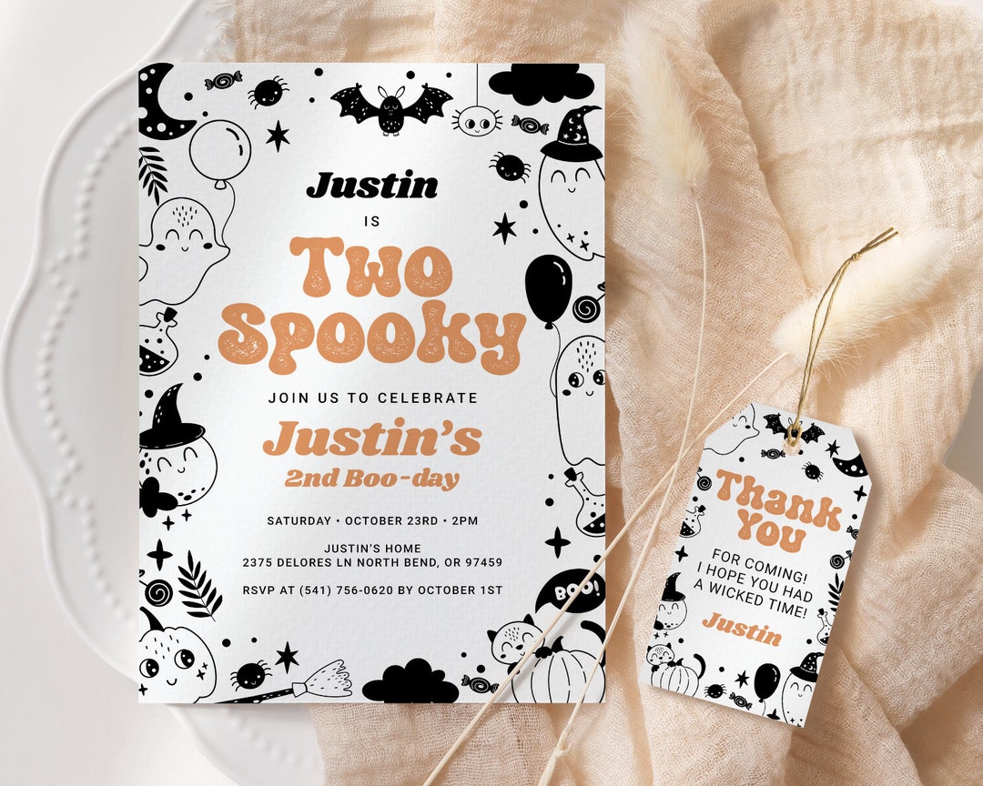 Two Spooky Halloween Birthday Invitation EDITABLE, Cute Ghost 2nd ...