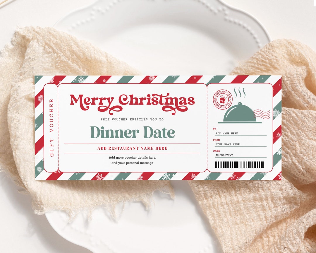 Dinner Date Christmas Voucher EDITABLE, Restaurant Gift Certificate ...