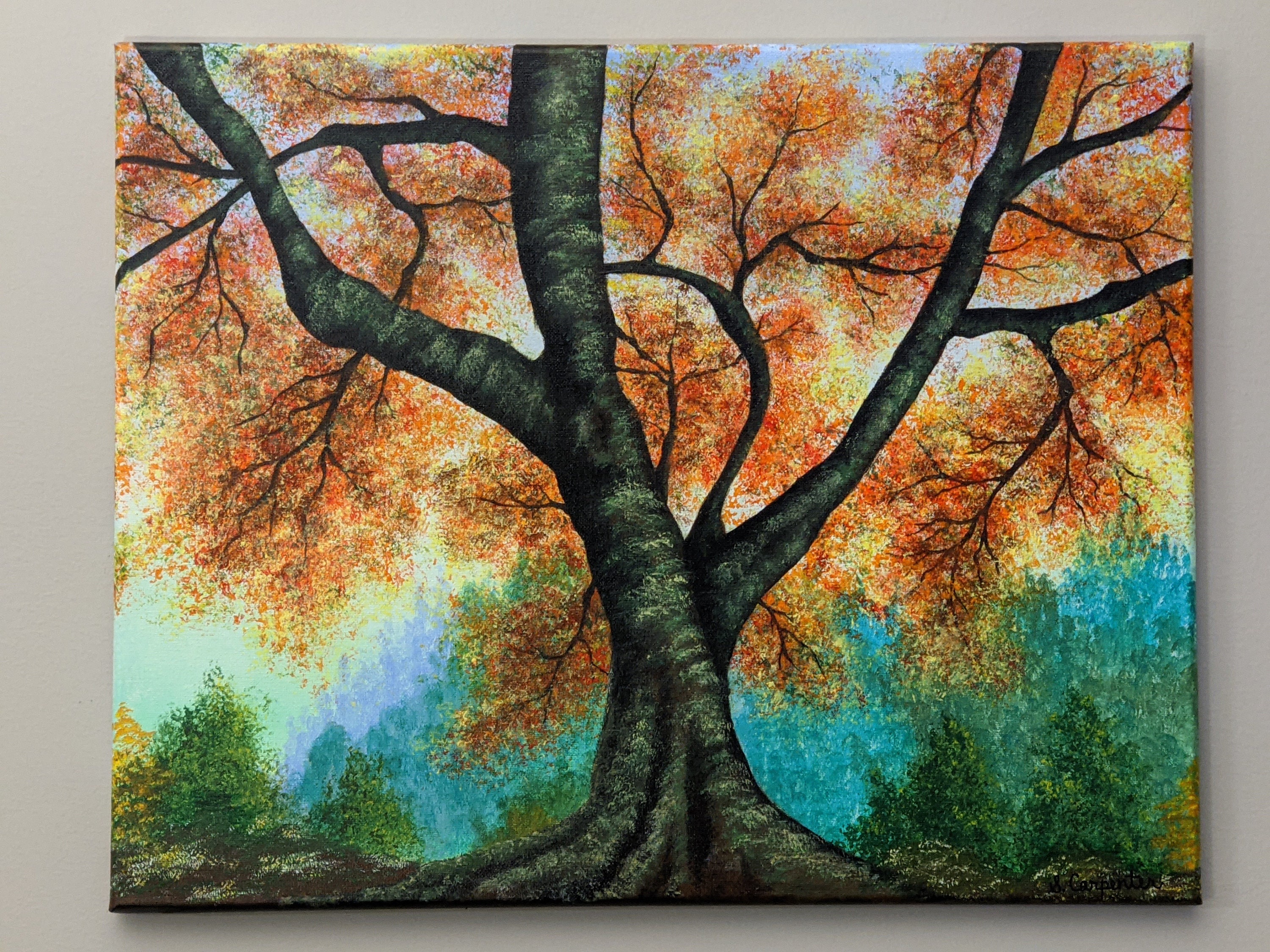 Hand Painted 16 X 20 Acrylic Autumn Tree Painting on a Stretched Canvas ...