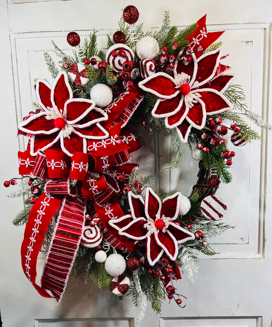 Traditional Poinsettia Wreath in Red / Red Whimsical Floral Door Hanger ...